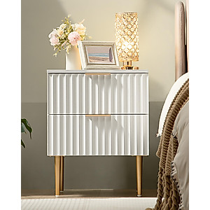 SICOTAS White Night Stand Set 2, Wide Fluted Nightstand with 2 Drawers, Modern Glossy Storage Bedside Table for Bedroom, End Side Table with Golden Metal Legs and Handles（2, White）