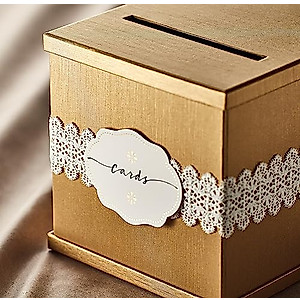 Hayley Cherie® - Gold Gift Card Box with White Lace and Cards Label - 10" x 10" Large Size - For Weddings, Baby Showers, Birthdays, Graduations, Money