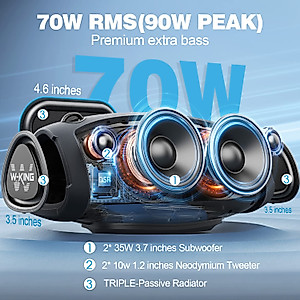 W-KING Portable Loud Bluetooth Speakers with Subwoofer, 70W Portable Outdoor Speakers Bluetooth Wireless Waterproof, Triple Passive Radiators-Deep Bass/Hi-fi Audio/DSP/42H/Power Bank/TF/AUX/EQ/Opener