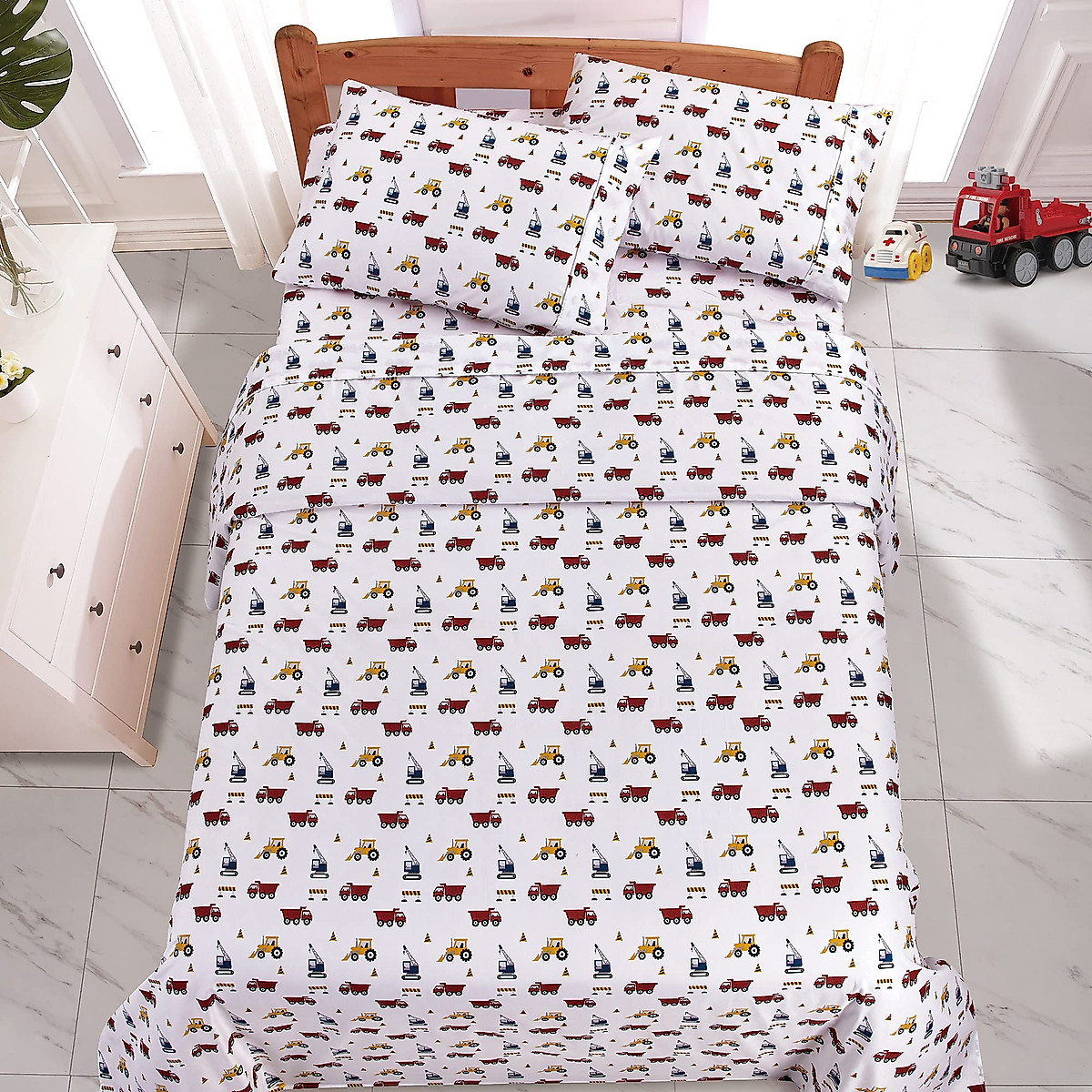 Viviland Kids Twin Sheet Set - Twin Size Printed Boys Bed Sheets - Kids Boys Toddlers Breathable Fitted Bed Sheet Twin - Excavator Toys Theme