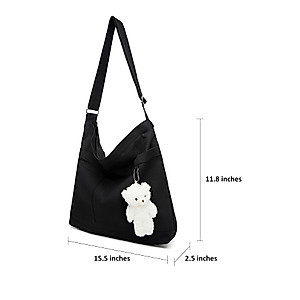 Covelin Womens Canvas Bag with Bear Pendant Crossbody Purse Top Zip Shoulder Handbag White