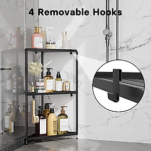 Kawaiita Corner Shower Caddy Stand, 3 Tier Floor Shower Organizer Stands for Inside Shower, Bathtub, Bathroom Corner Shower Shelf Rack with Adjustable Feet & 4 Hooks, Metal, Matte Black