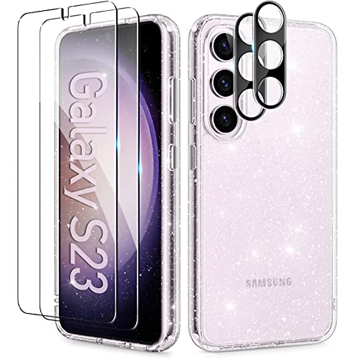 HORTUNE for Samsung Galaxy S23 Case Glitter, with 2X Camera Protector & 2X Screen Protector,[Not Yellowing] Crystal Shockproof Case,Slim Phone Cover Woman for S23 6.1" 2023 (Glitter)