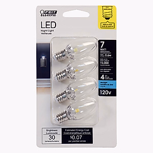 Feit Electric BP7C7/850/LED/4 0.6W 7W Equivalent 30 Lumen Candelabra Base LED C7 Night Light Bulb, 2.1" H x 0.9" D, 5000K (Daylight), 4 Piece