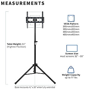 VIVO Tripod 32 to 55 inch LCD LED Flat Screen TV Display Floor Stand, Portable Height Adjustable Mount, Black, STAND-TV55T