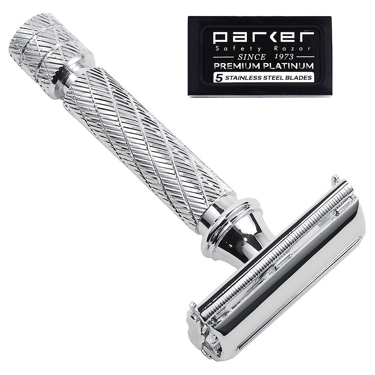 Parker 87R Chrome Standard Length Handle Butterfly Open Double Edge Safety Razor for Men, 5 Parker Double Edge Razor Blades Included