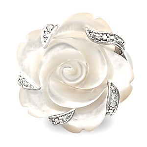 JanKuo Jewelry Rhodium Plated Carved Mother of Pearl Flower with Cubic Zirconia Cocktail Ring