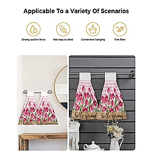 1 Pcs Hanging Towel Pink Tulip Farm Hello Spring Hand Towels Dish Towel for Kitchen Bathroom Absorbent Tie Towels Tea Bar Towels with Loop