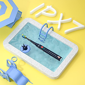 SEAGO Kids Electric Toothbrush, Sonic Soft Bristle Rechargeable Toothbrushes with DIY Stickers, 5 Modes, Includes 4 Replacement Brush Heads, Ages 3 to 12 Years Old (Navy)