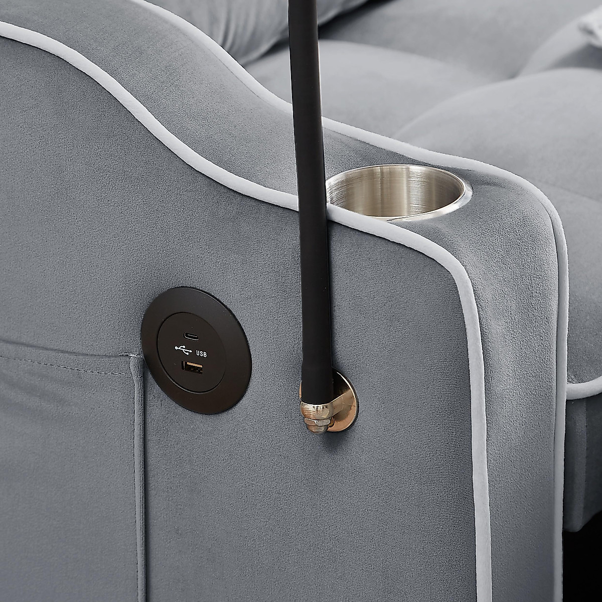 MYINDA 3-in-1 Sleeper Sofa Couch with Velvet Pullout Bed, 54.7’’ Convertible Sofa Bed Couch with Adjustable Backrest and USB Ports and Cup Holders for Bedroom Living Room (Grey)