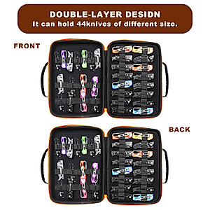 Pocket Knife Display Case, Folding Knife Holder, Mini Knives Carrying Case,Small Knife Collection Pouch Carrier Roll for Hiking,Hunting and Camping Outdoor Activities, Black & Orange, 62 Slots