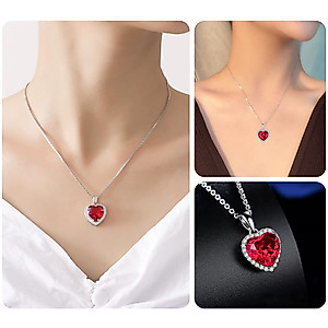 VONSSY Red Heart Pendant Necklace | Oval Bow Waterdrop Created-Ruby Pendant Necklace | Statement Vintage Stylish Jewelry Gift (Heart A-Platinum)