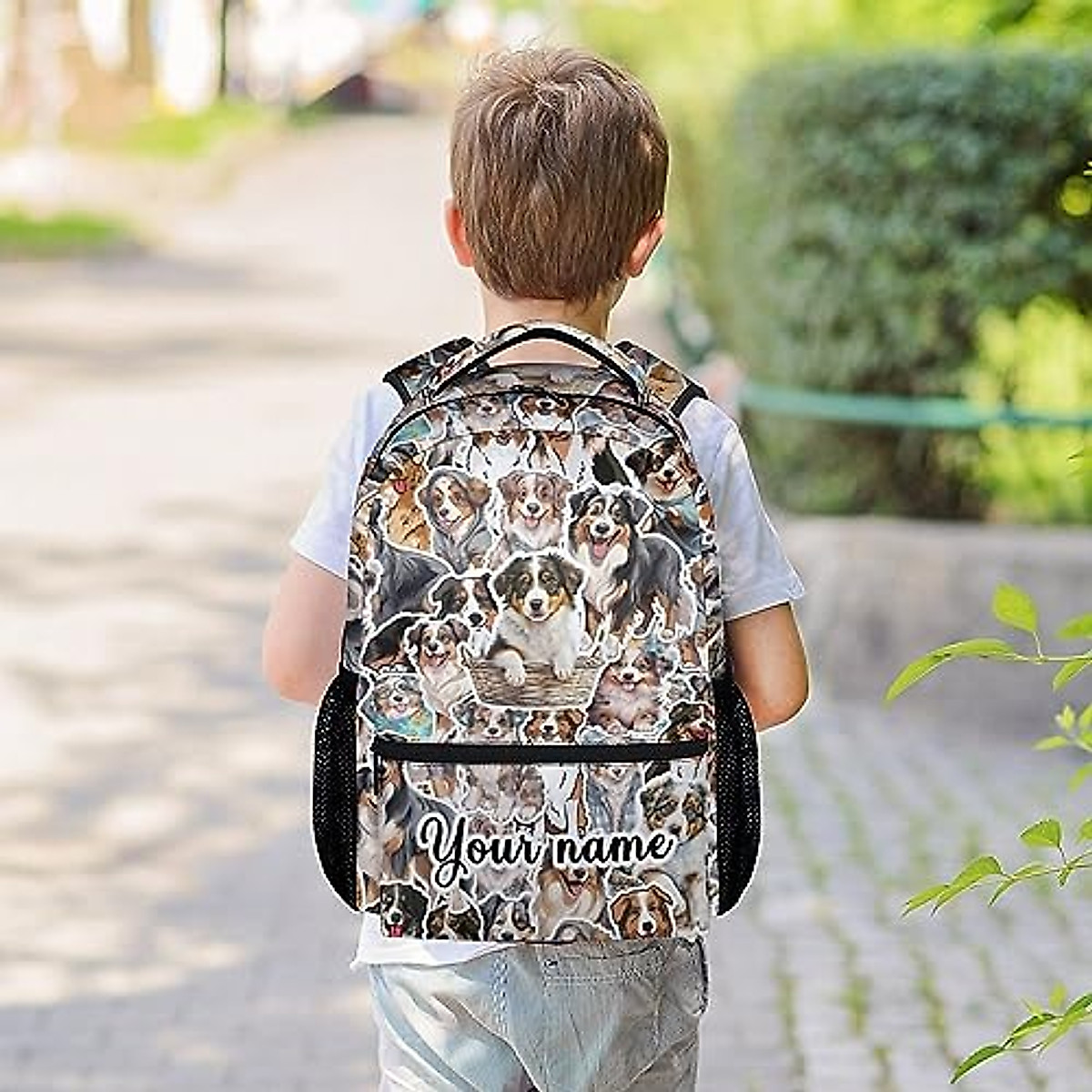 AIOMXZZ Personalized Australian Shepherd School Backpack for Kids, 16 Inch Grey een Dog Backpacks for Girls Boys, Cute, Durable, Lightweight, Large Capacity Bookbag for Travel