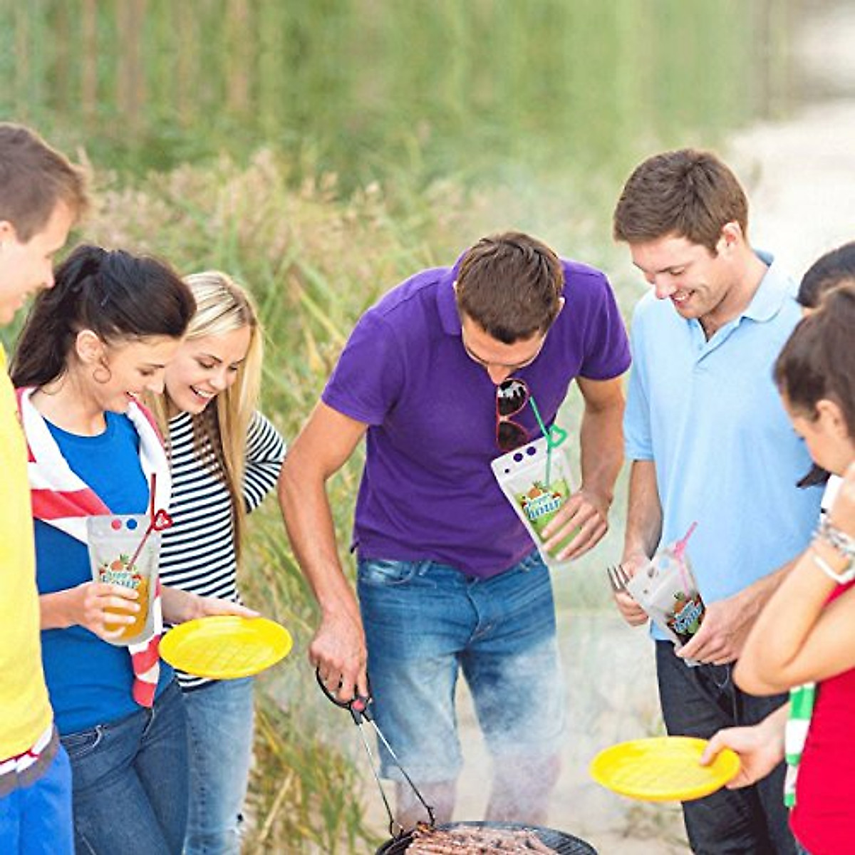 100 Pcs Zipper Plastic Pouches Drink Bags, Heavy Duty Hand-Held Translucent Frosted Reclosable Stand-up Bag 2.4" Bottom Gusset with 100 pcs Straws & Funnel Included