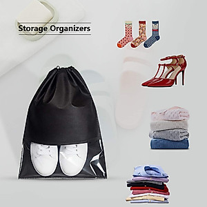 LANXIN 18PCS Shoe Bags for Travel - [Fits All Shoes][Waterproof/Dust proof] Transparent Drawstring Travel Shoe Bag for Storage, Travel Accessories Essentials for Women/Men (Black)