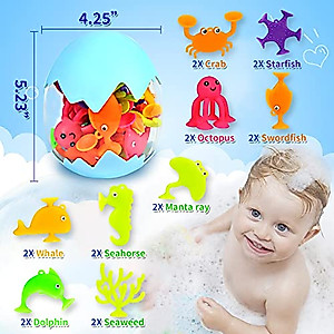 Suction Bath Toys for Kids, 18 Pcs Silicone Ocean Animal Suction Cup Toys with Eggshell & Bag, No Hole Mold Free Bath Toy, Sensory Window Building Toys for Toddlers Boys Girls 3 4 5 6 Year Old