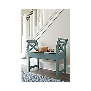 Signature Design by Ashley Heron Ridge Antique Distressed Wood Accent Bench with Storage, Blue