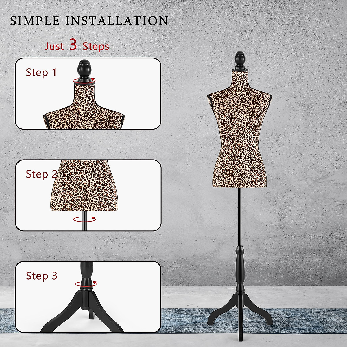 Encomle Dress Form Female Mannequin Torso, Height Adjustable Mannequin Body with Stand for Sewing, Display, Leopard Print