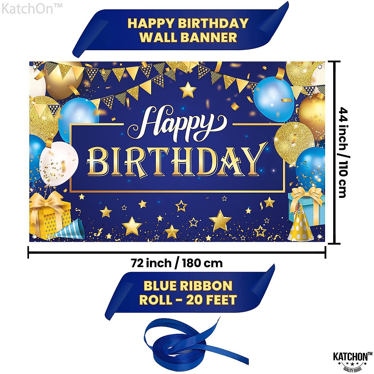 KatchOn, XtraLarge Gold and Blue Happy Birthday Banner - 72x44 Inch | Happy Birthday Backdrop for Men | Blue and Gold Birthday Backdrop for Happy Birthday Decorations | Blue Birthday Banner for Men