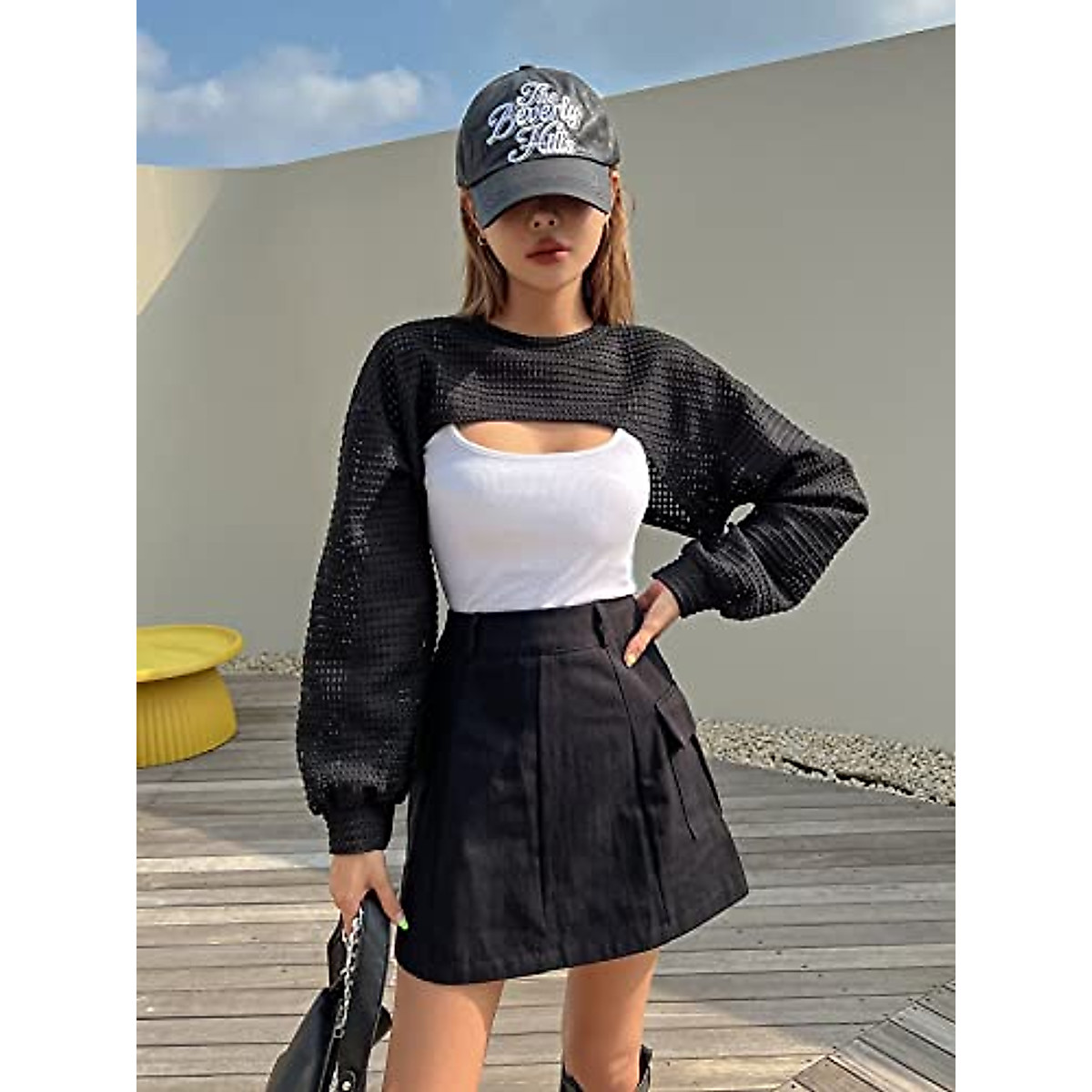 Verdusa Women's Crop Cover Up Long Sleeve Pointelle Knit Hollow Out Crochet See Through Knit Top Black M