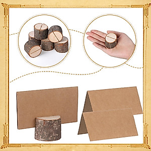 CroBlissful 24 Pcs Rustic Wooden Place Card Holders and 48 Pcs Kraft Table Place Cards, Rustic Table Number Holder Wooden Photo Picture Holders Name Card Clips Holder for Wedding Birthday Party Table