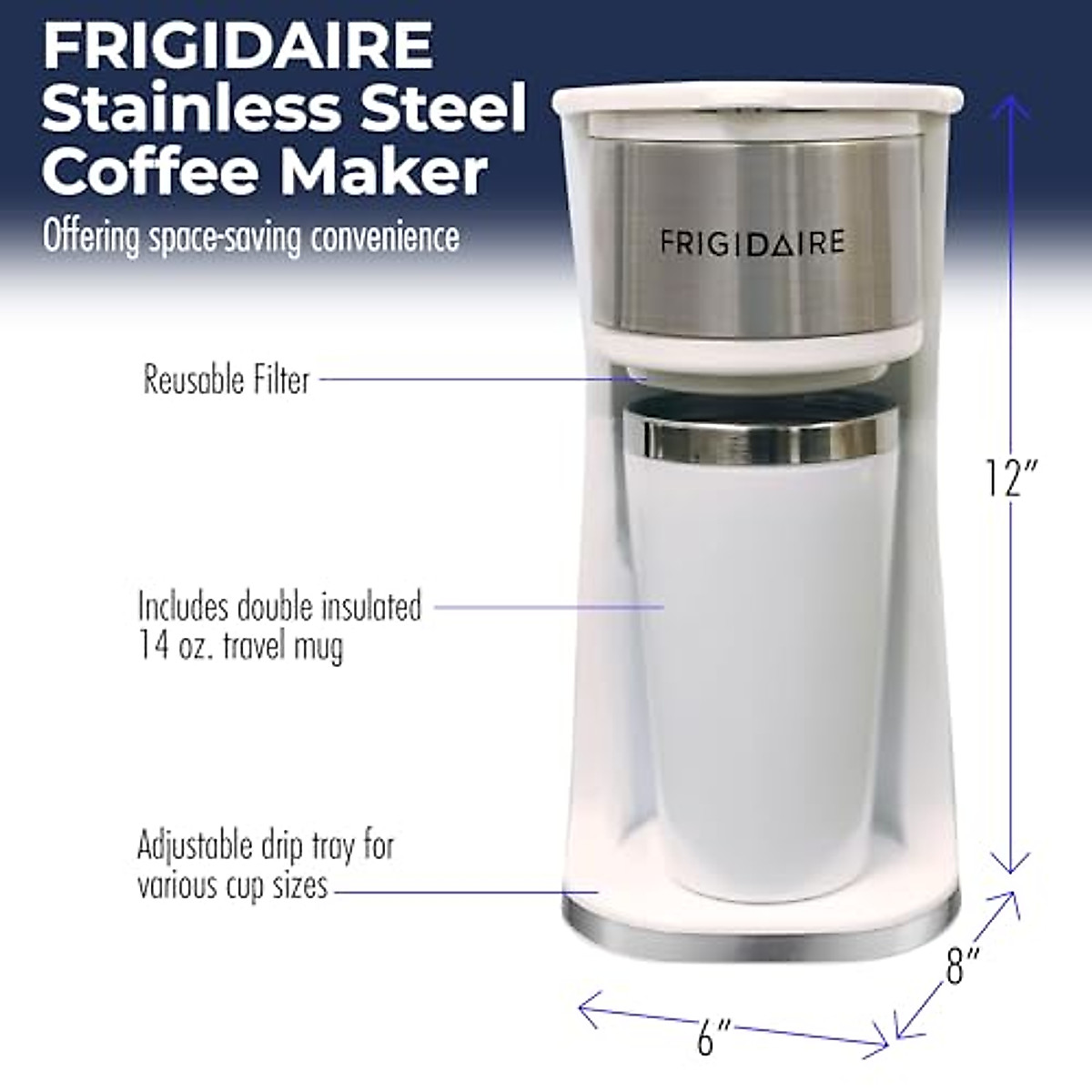 Frigidaire Stainless Steel Coffee Maker - Single Cup With Insulted Travel Mug ECMK095 with 420ml Capacity (White)