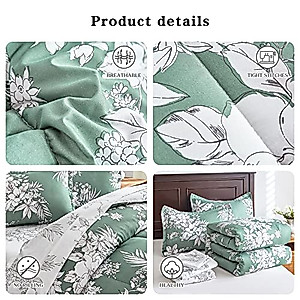 FlySheep Floral Bed in a Bag Queen Size 7 Pieces, White and Emerald Green Botanical Reversible Comforter Bedding Set(1 Comforter, 1 Flat Sheet, 1 Fitted Sheet, 2 Pillow Shams, 2 Pillowcases)