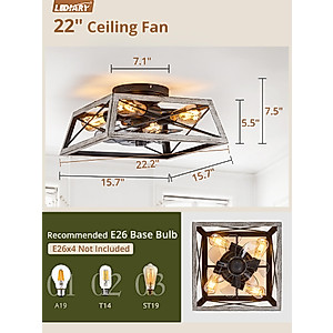 LEDIARY Ceiling Fans With Lights Remote Control, 22 Inch Farmhouse Caged Flush Mount Ceiling Fan Low Profile, Small Industrial Rustic Quiet Ceiling Fan With Remote For Bedroom, Kitchen, Indoor Home