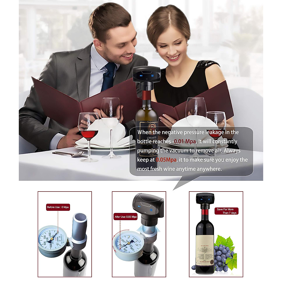 Ataller Electric Wine Stopper, Automatic Vacuum Wine Saver, Electric Smart Wine Stopper, Reusable Bottle Sealer & Wine Preservation System - Wine Accessories Gifts