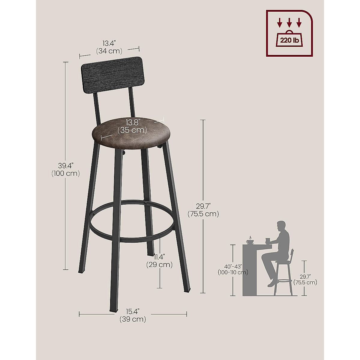 VASAGLE Bar Stools, Set of 2 PU Upholstered Breakfast Stools, 29.7-Inch Barstools with Back and Footrest, Simple Assembly, for Dining Room Kitchen Counter, Classic Black and Coffee Brown ULBC069B82