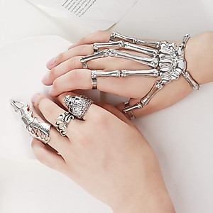 Long tiantian Skeleton Hand Bracelet Metal Skull Bracelet with Ring Hand Chain Halloween Costume Outfits Accessories for Women 2024