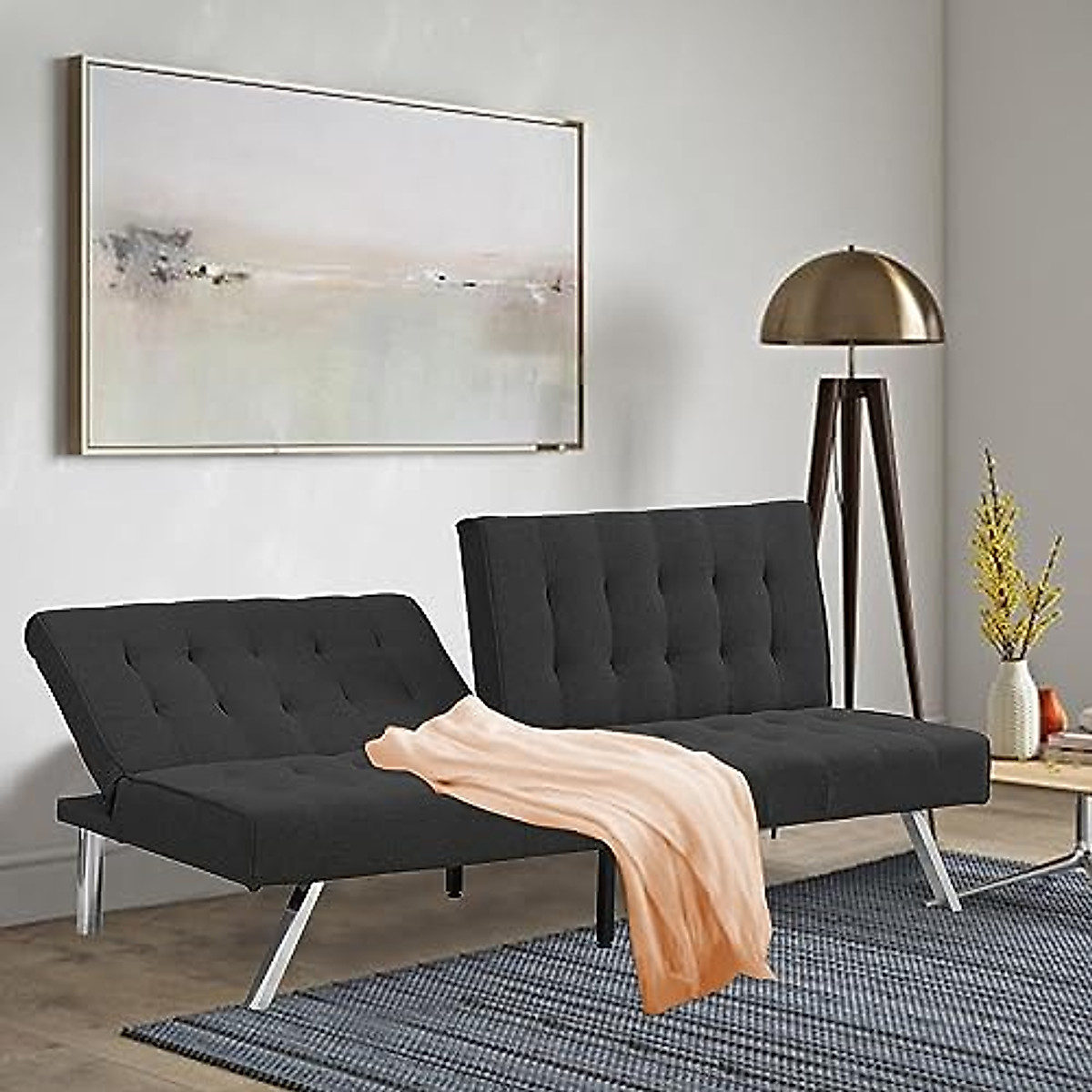 JCSTEU 68’’ Modern Futon Couch Bed with Adjustable Backrest, Linen Folding Sleeper Loveseat Sofa with Metal Leg, Convertible Sofa for Small Space, Living Room (Black)