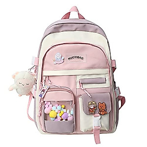 Kawaii Backpack with Kawaii Pins and Accessories for School Elementary for Teen Girls Cute Aesthetic Y2K 16.5'' Laptop Bag (Pink with Sheep Toy)