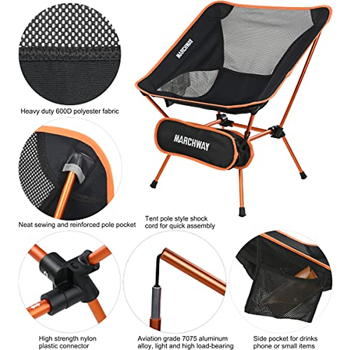 MARCHWAY Ultralight Folding Camping Chair, Heavy Duty Portable Compact for Outdoor Camp, Travel, Beach, Picnic, Festival, Hiking, Lightweight Backpacking (Orange)
