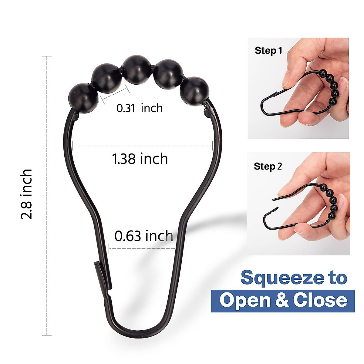 YOUHORYA 12Pcs Shower Curtain Hooks Rings Rust Resistant Stainless Steel Hook Bathroom Rods Curtains Nickel Proof Metal Hangers Snap Closure Roller Glide Black