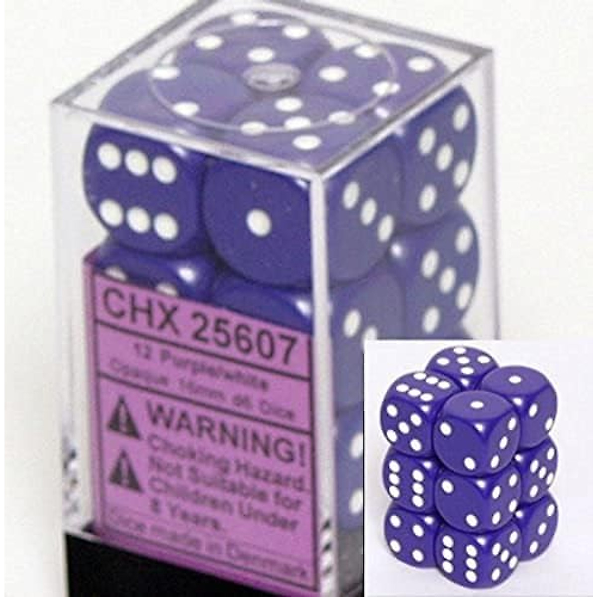 Chessex Dice d6 Sets: Opaque Purple with White - 16mm Six Sided Die (12) Block of Dice