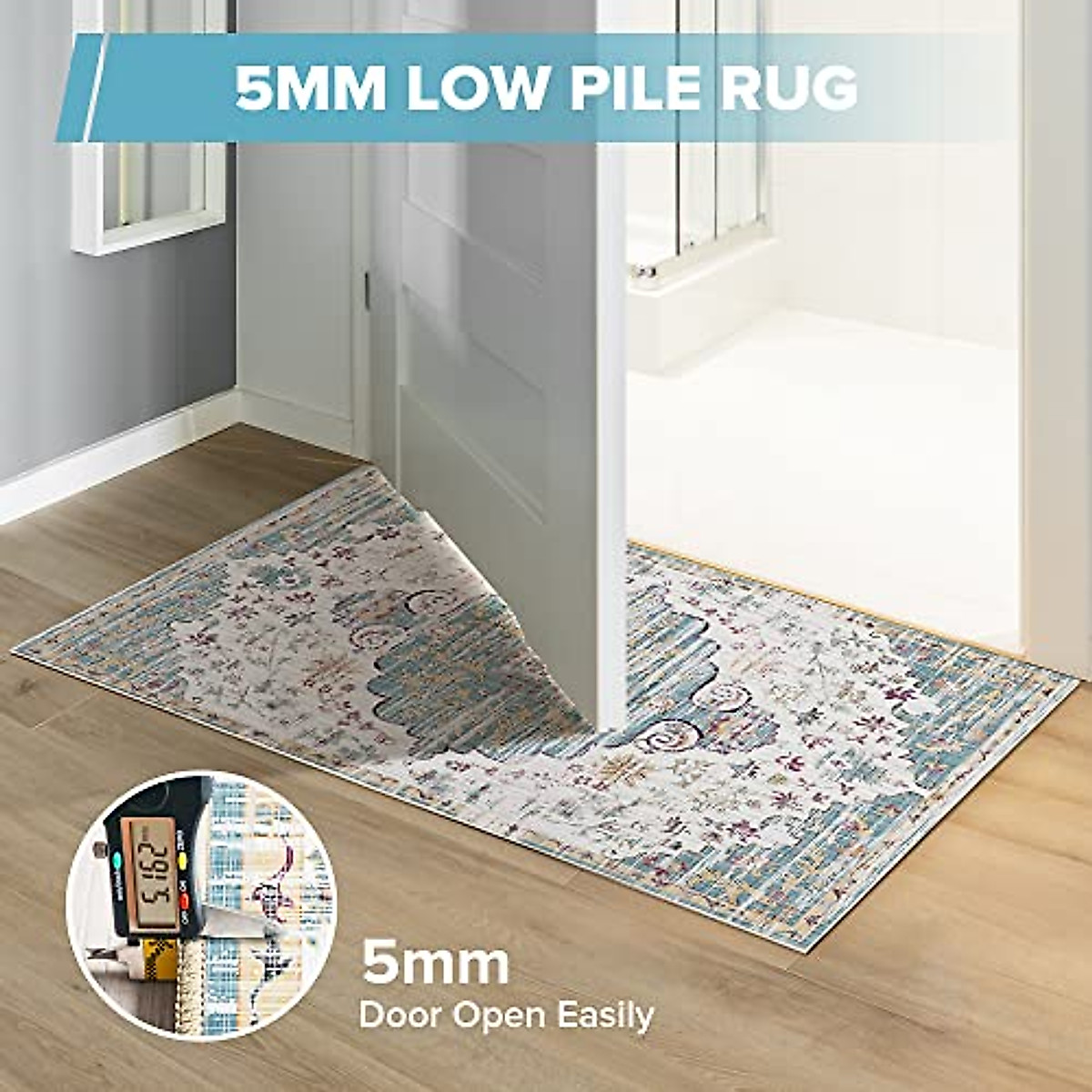 Pajata Light Blue and White Vintage 5X7 Area Rug Bohemian Floral Cover Print Distressed Carpet for Bedroom Living Room Non-Shedding