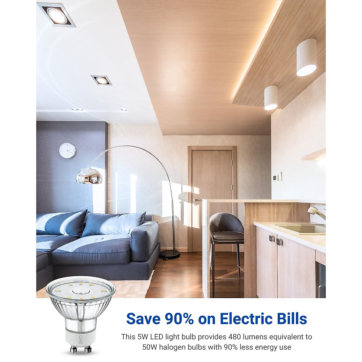 NUOVA GERMANY GU10 LED Light Bulbs Non-Dimmable, 4000K Natural White GU10 Bulb, 5W LED Bulbs with 100°Flood Beam Lighting for Kitchen, Range Hood, Living Room, Bedroom, 6 Pack