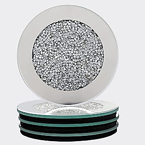 ToPToToo Mirrored Coaster for Drinks，Crushed Diamond Cup Coasters 4 Pack with Holder,Crystal Glass Round Coasters for Coffee Table Decor on Tabletop(4 X 4Inch)