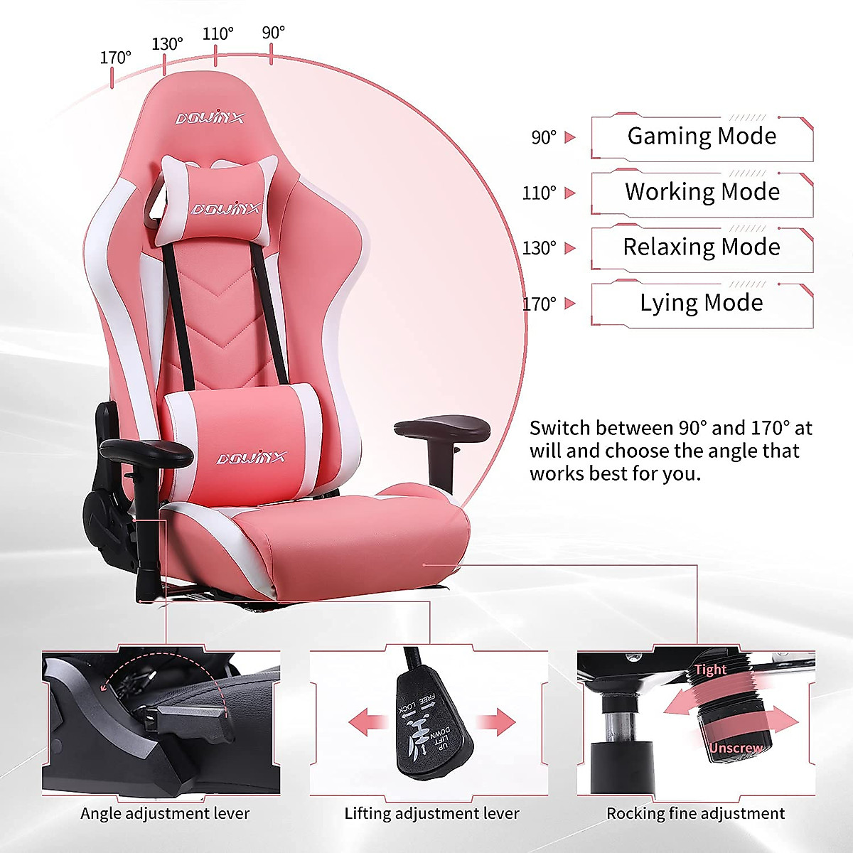 Dowinx Gaming Chair with Footrest Ergonomic Racing Style Recliner with Massage Lumbar Support, Office Armchair for Computer PU Leather E-Sports Gamer Chair High Back Pink