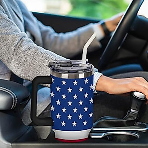 40 oz Tumbler, Large Capacity with Handle and Straw Travel Insulated Tumblers, Red Blue White American Flag Stainless Steel Cup for Women, Men