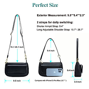 Peacocktion Small Shoulder Bags, Crossbody Purses for Women Vegan Leather Handbag Hobo Purse, 2 Straps (Black)