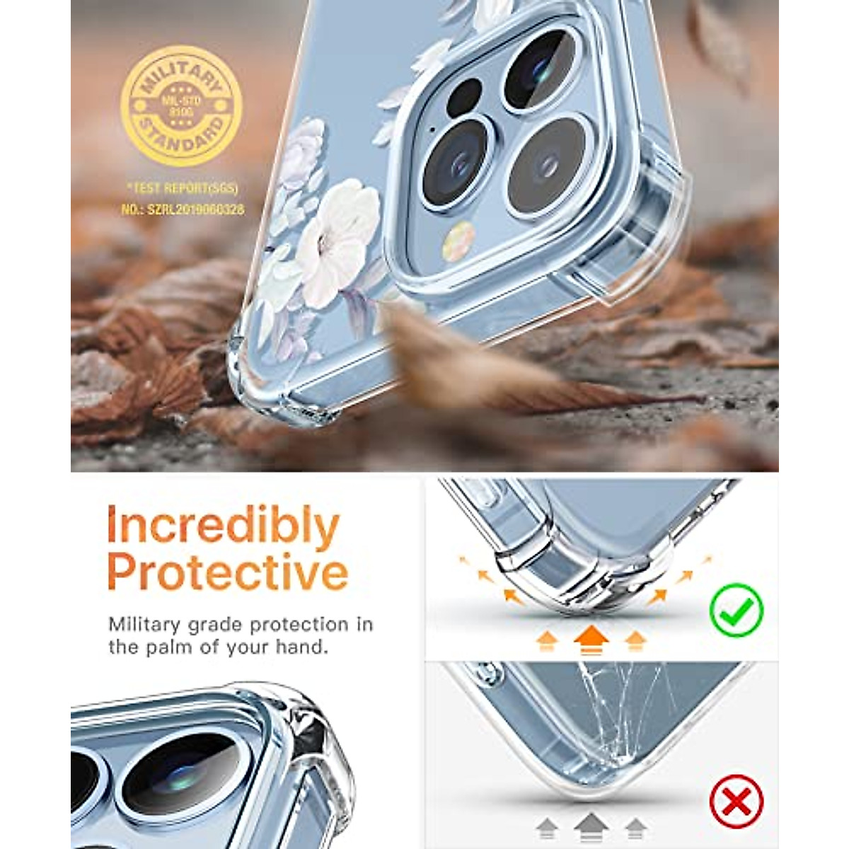 GVIEWIN for iPhone 13 Pro Case with Screen Protector & Camera Lens Protector, [10FT Military Grade Drop Protection] Clear Shockproof Slim Fit Floral Phone Case for Women Girls 6.1" (Hibiscus)