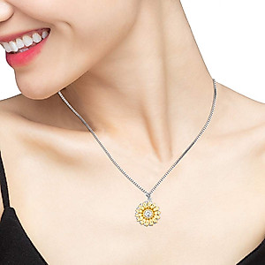 Aniu Graduation Gifts Golden Rotatable Sunshine Sunflower Pendant Necklace for Women, S925 Sterling Silver You Are My Sunshine Jewelry with 5A Cubic Zirconia (Gold) (White)