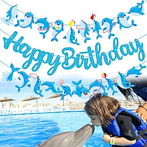 Dolphin Birthday Banner Decorations Dolphin Birthday Party Decorations Supplies Blue Glitter Dolphin Happy Birthday Banner Decorations for Under the Sea Themed Birthday Party Baby Shower Supplies
