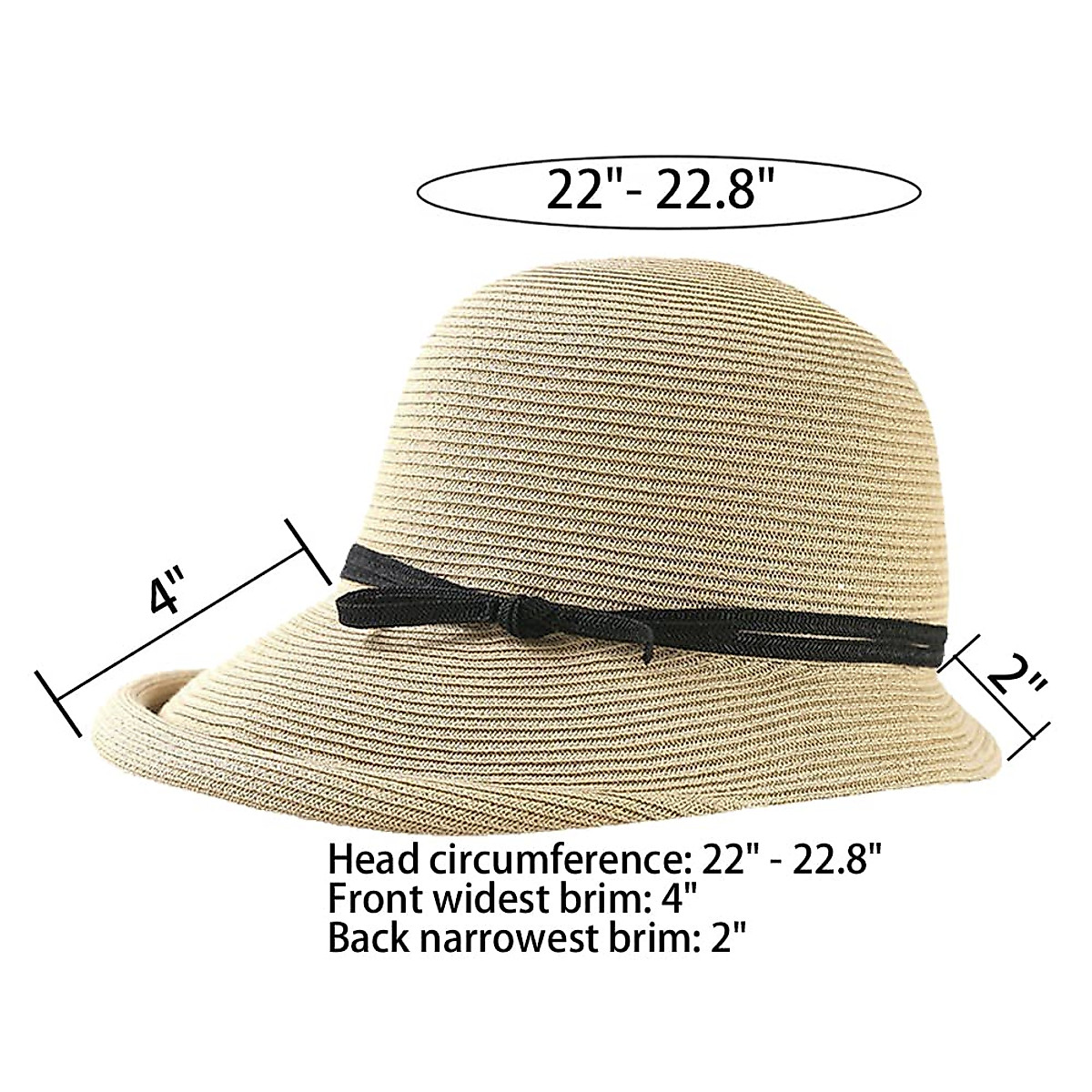 Straw Beach Sun Hat for Women Summer Bucket Hat Elegent Vintage 1920S Packable SPF UV Protection Boho Hat (Beige)