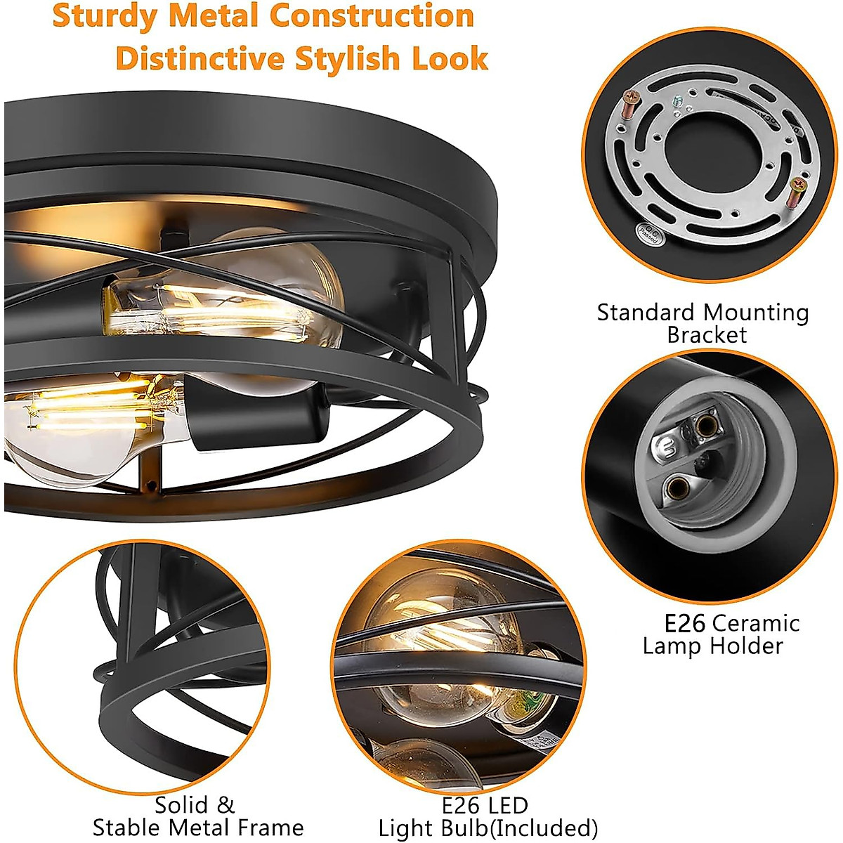 Feanron Farmhouse 2-Light Black Flush Mount Ceiling Light Fixtures, Industrial Vintage Metal Cage Closed to Ceiling Mount Lamp for Hallway Kitchen Bedroom 2 Pack, A19 LED Bulbs Included