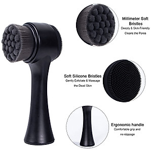 Facial Cleansing Brush 2 in 1, Ooloveminso Face Exfoliating Pore Deep Cleansing Brush, Ultra Fine Soft Bristle Dual Face Wash Brush, Silicone Face Scrubber for Skincare, Black