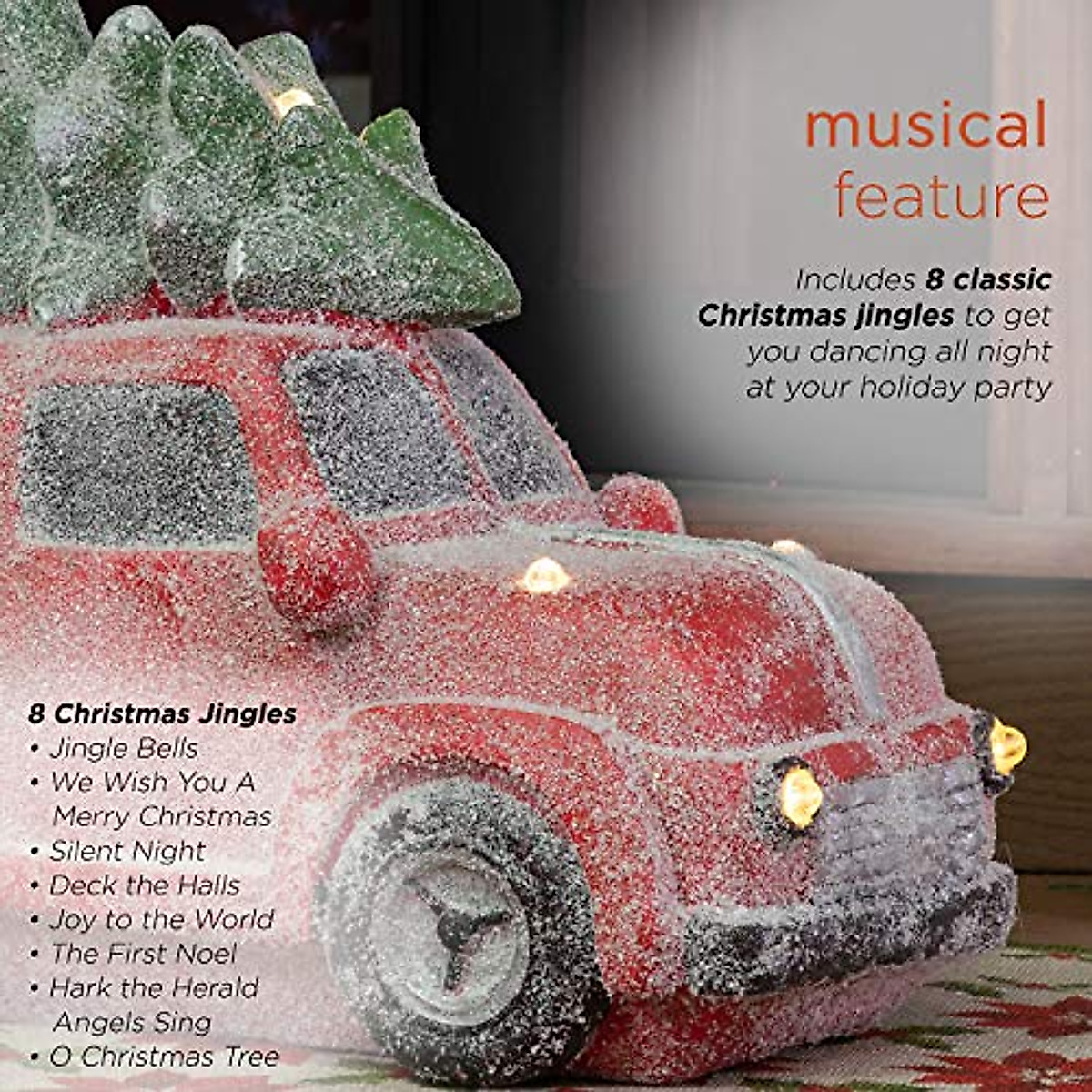 Alpine Corporation QWR916 Alpine Retro Red Car with Christmas Tree, LED Lights, and Music, Indoor Festive Decor for Home Holiday décor, Multi