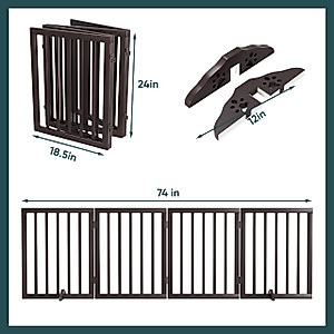 Semiocthome Freestanding Dog Gates for The House, Doorways, Stairs with 2PCS Support Feet, Foldable 4-Panel Pet Gates for Dogs, 24"(H) Extra Wide Doggy Fence for Inside Expands Up to 74"(W)- Brown